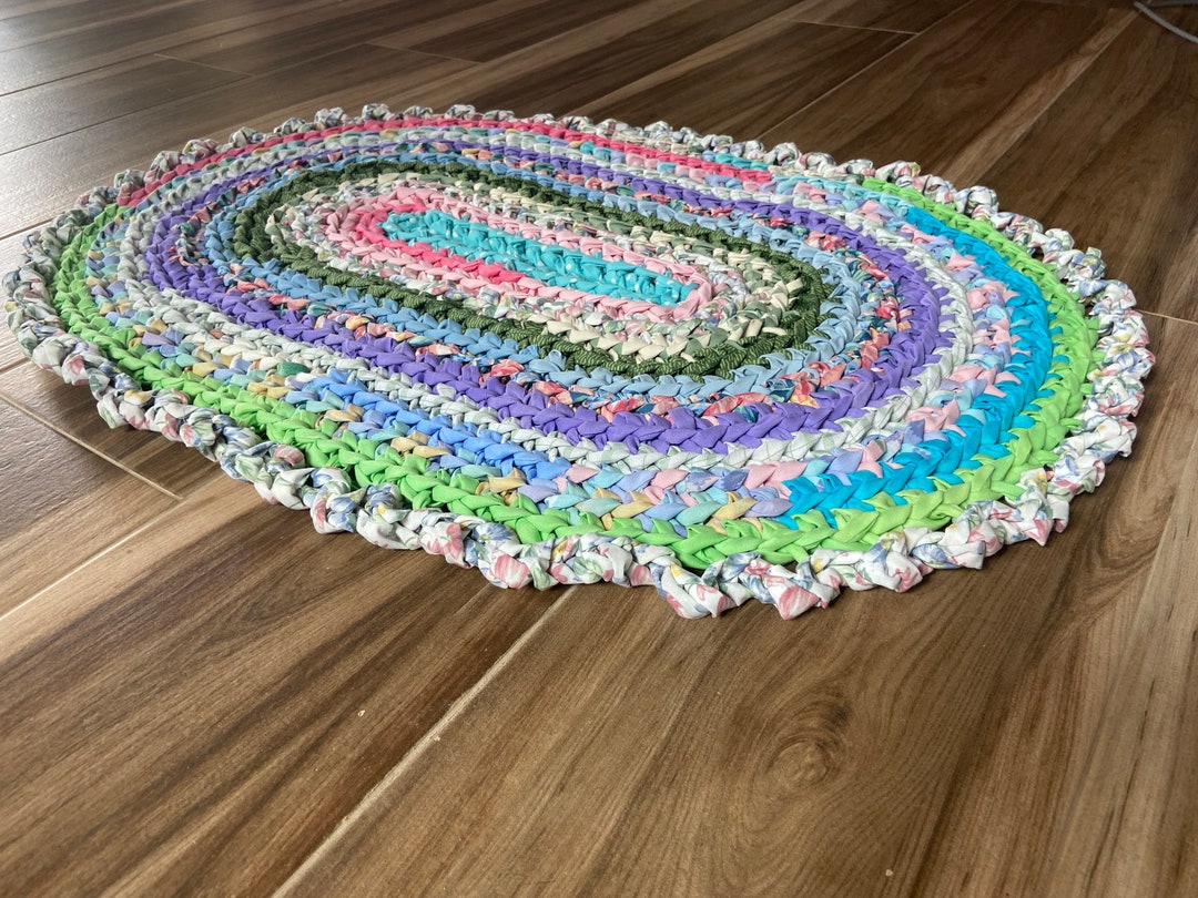 Rag Rug, Multi-colored, and White 25" X 35.5" Crocheted Oval Rag Rug ...