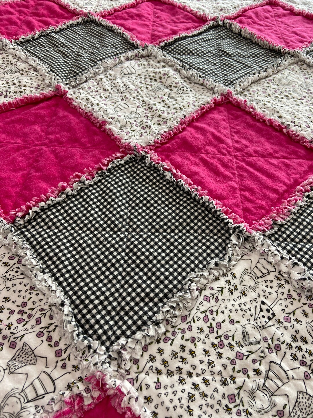 Reversible Rag Quilt, Pink, Black, and White Rag Quilt, Throw - Etsy