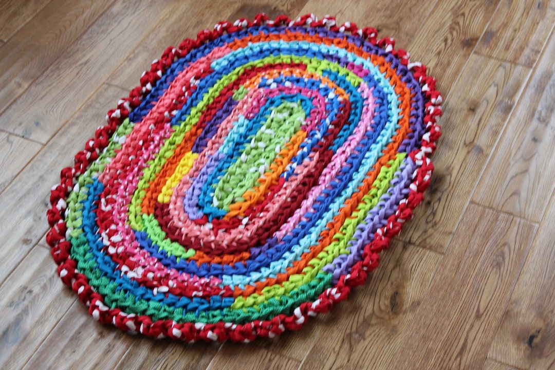 Rag Rug, Rainbow 23.5" X 34" Crocheted Oval Rag Rug, Cottage Chic Decor ...