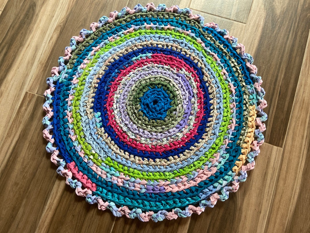 Rag Rug, Multi-colored Rag Rug, 31" Crocheted Round Rag Rug, Cottage ...