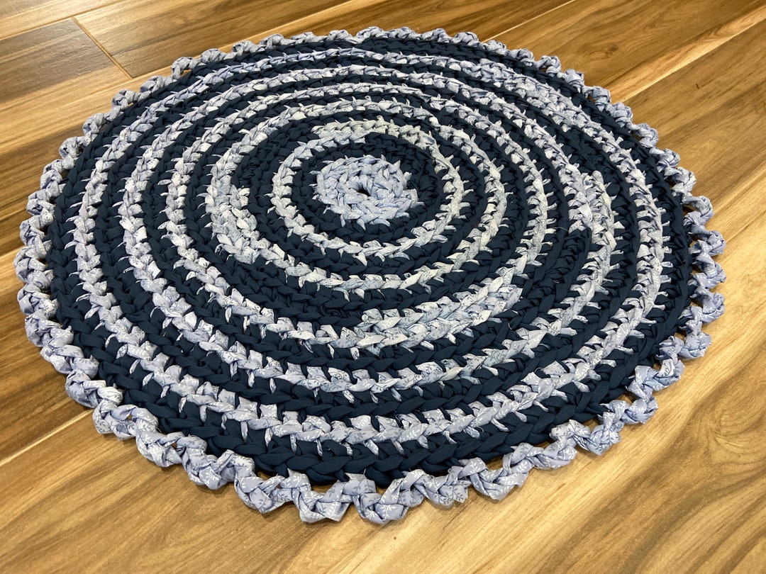 Blue Rag Rug, 29" Crocheted Round Rag Rug, Nursery Rug, Cottage Chic ...