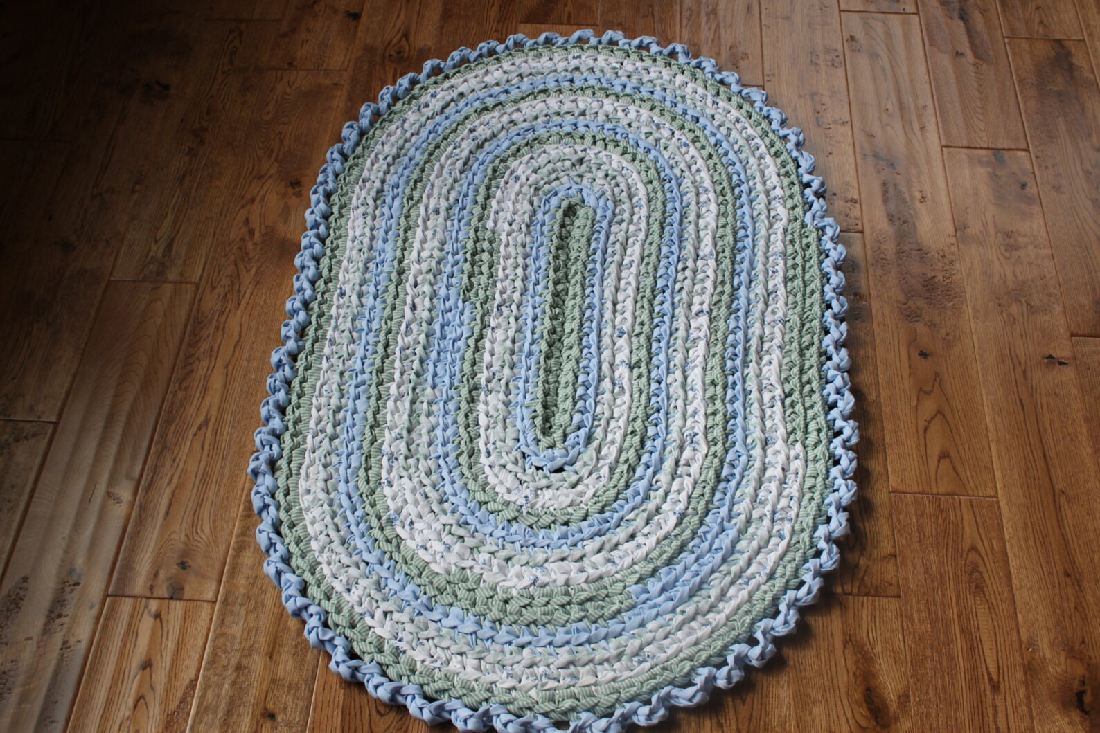 Rag Rug Blue Green and White 28 X 45 Crocheted | Etsy