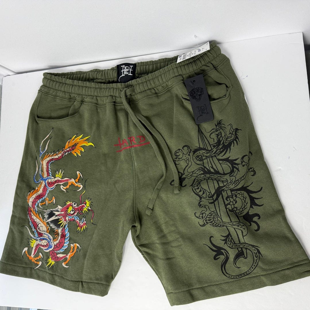 Ed Hardy Shorts, Tattoo Style Dragon Shorts Men's Olive Green Graphic ...