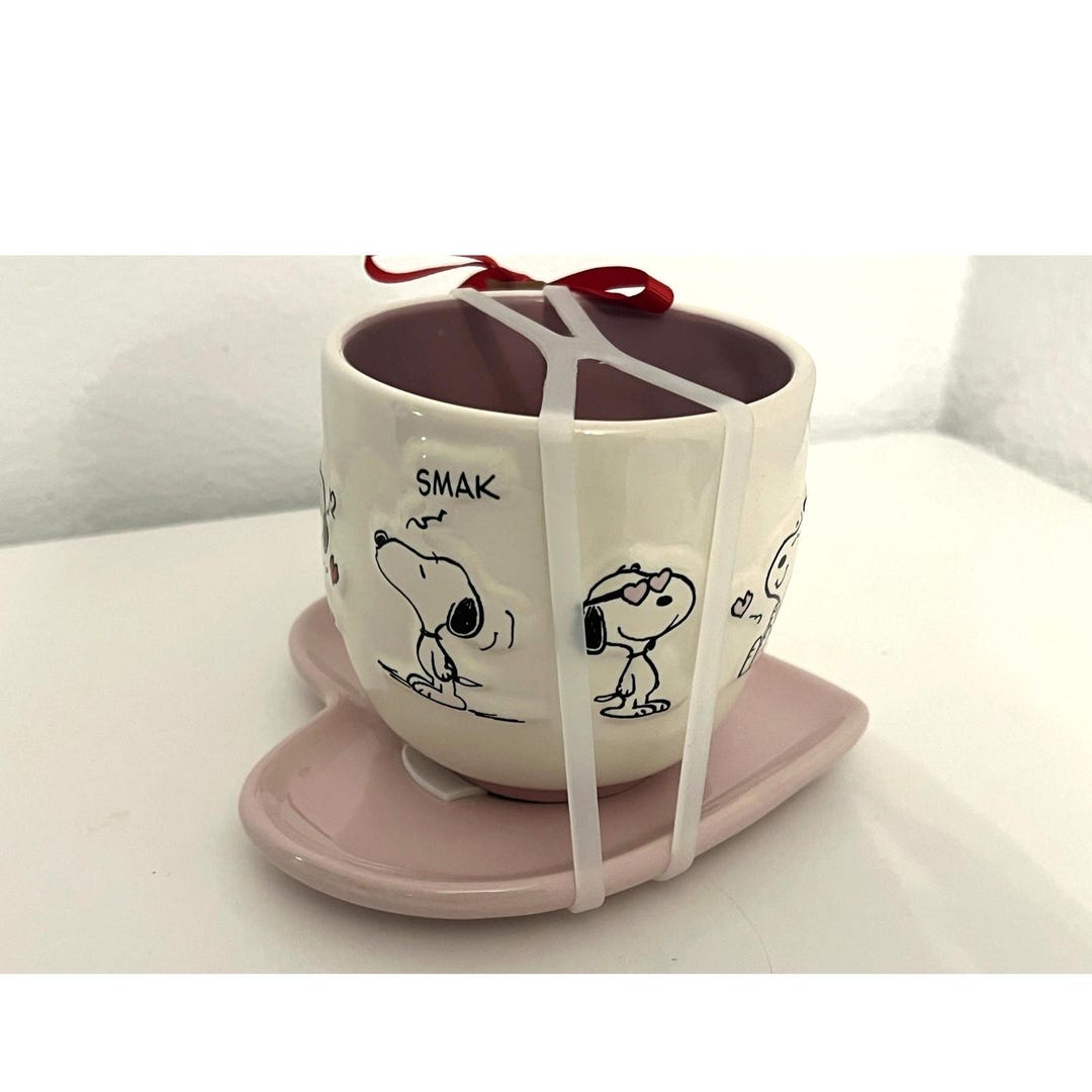 Snoopy Peanuts Coffee Mug Set Pink Heart Saucer Rae Dunn Exclusive - Etsy