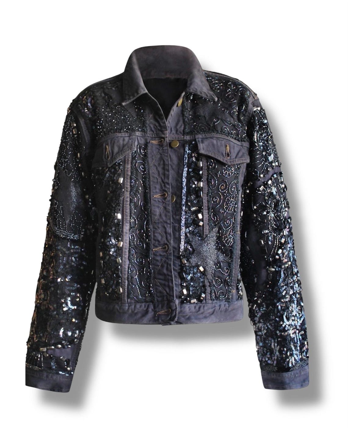 Reworked Denim Jacket / Upcycling Embroidered Jacket/ Black Jean Jacket ...