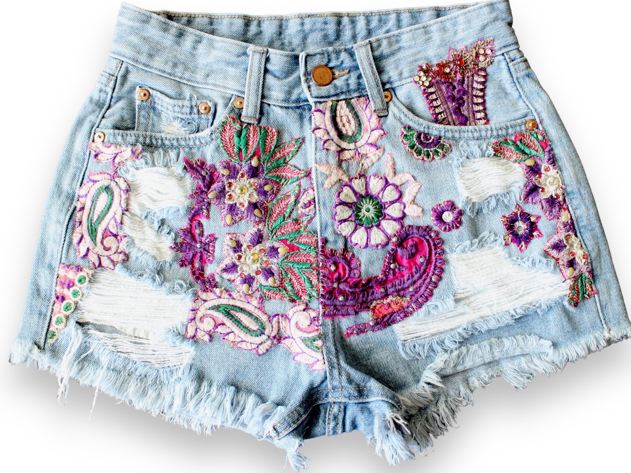 Denim Cutoff Shorts / Monet Garden Denim Shorts / Extra SMALL - Etsy