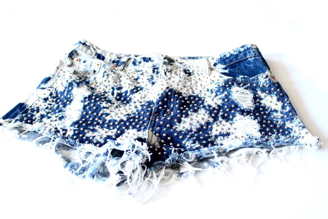 Stutted Denim Shorts / Upcycled Denim Bleached Shorts / | Etsy