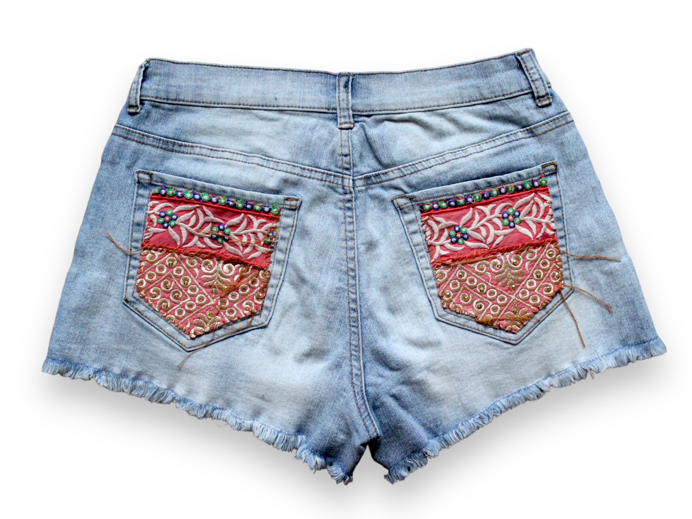 Reworked Stretched Denim Shorts / Embroidered Patched Jean Shorts ...