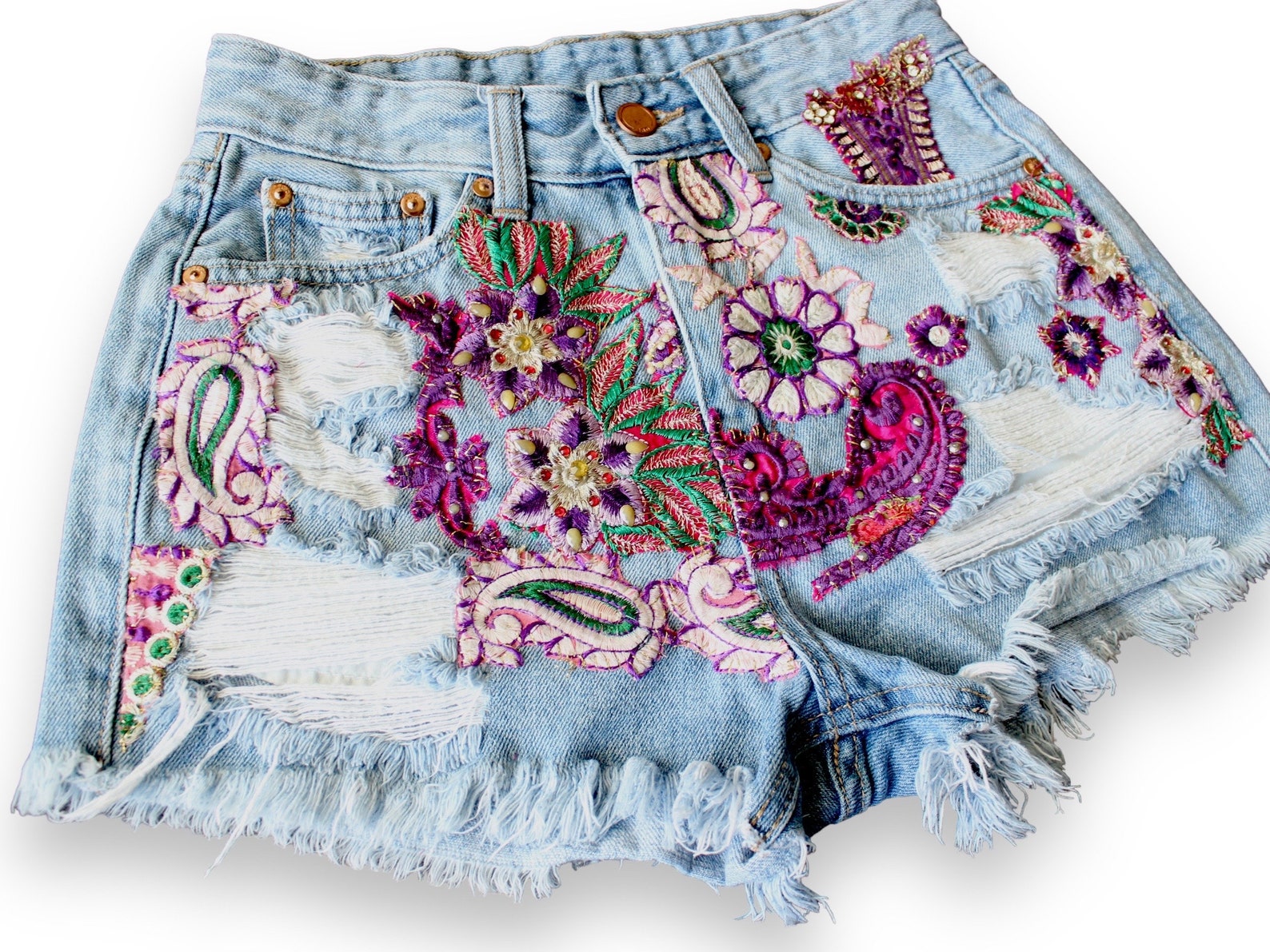 Denim Cutoff Shorts / Monet Garden Denim Shorts / Extra SMALL - Etsy