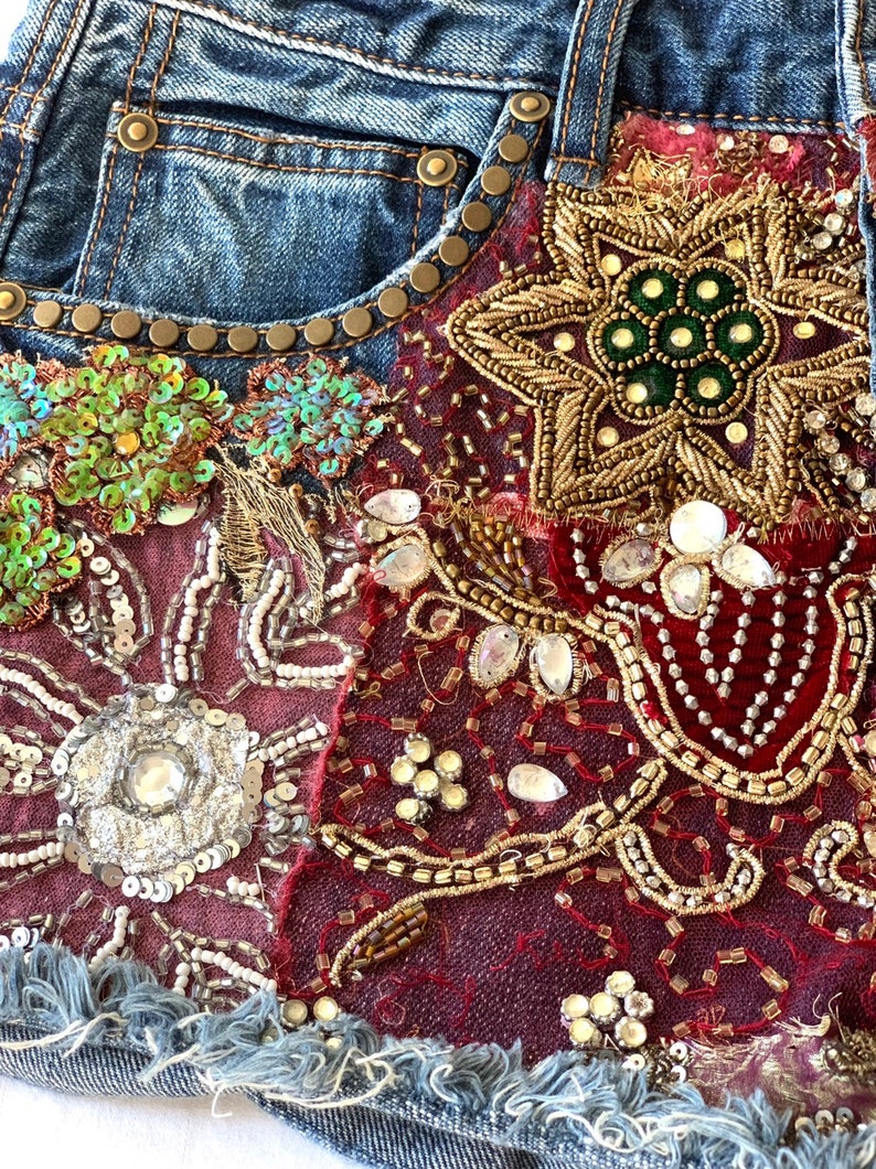 Upcycled Denim Cutoff Shorts / Frayed Embroidery Vintage Denim | Etsy