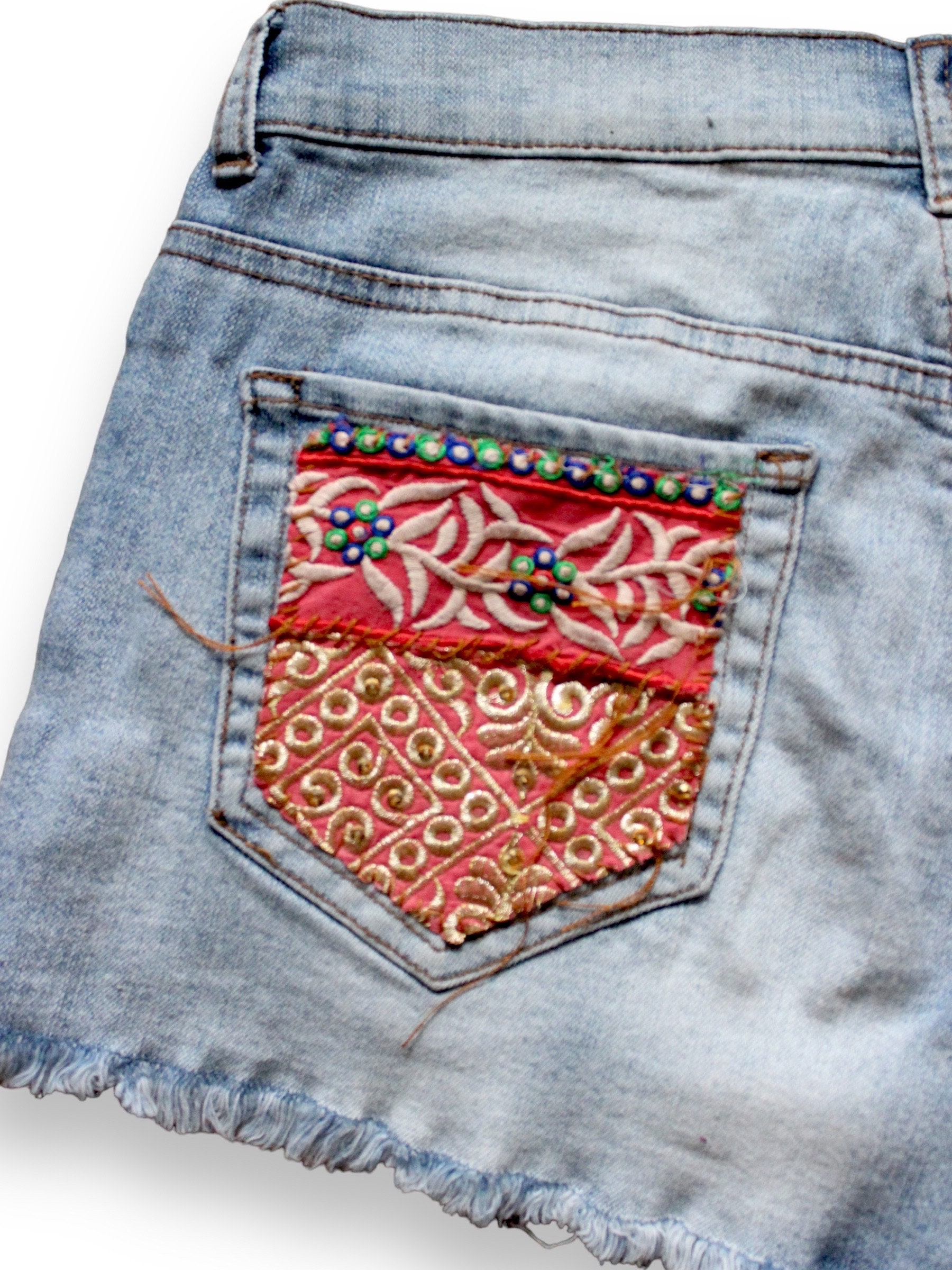 Reworked Stretched Denim Shorts / Embroidered Patched Jean Shorts ...