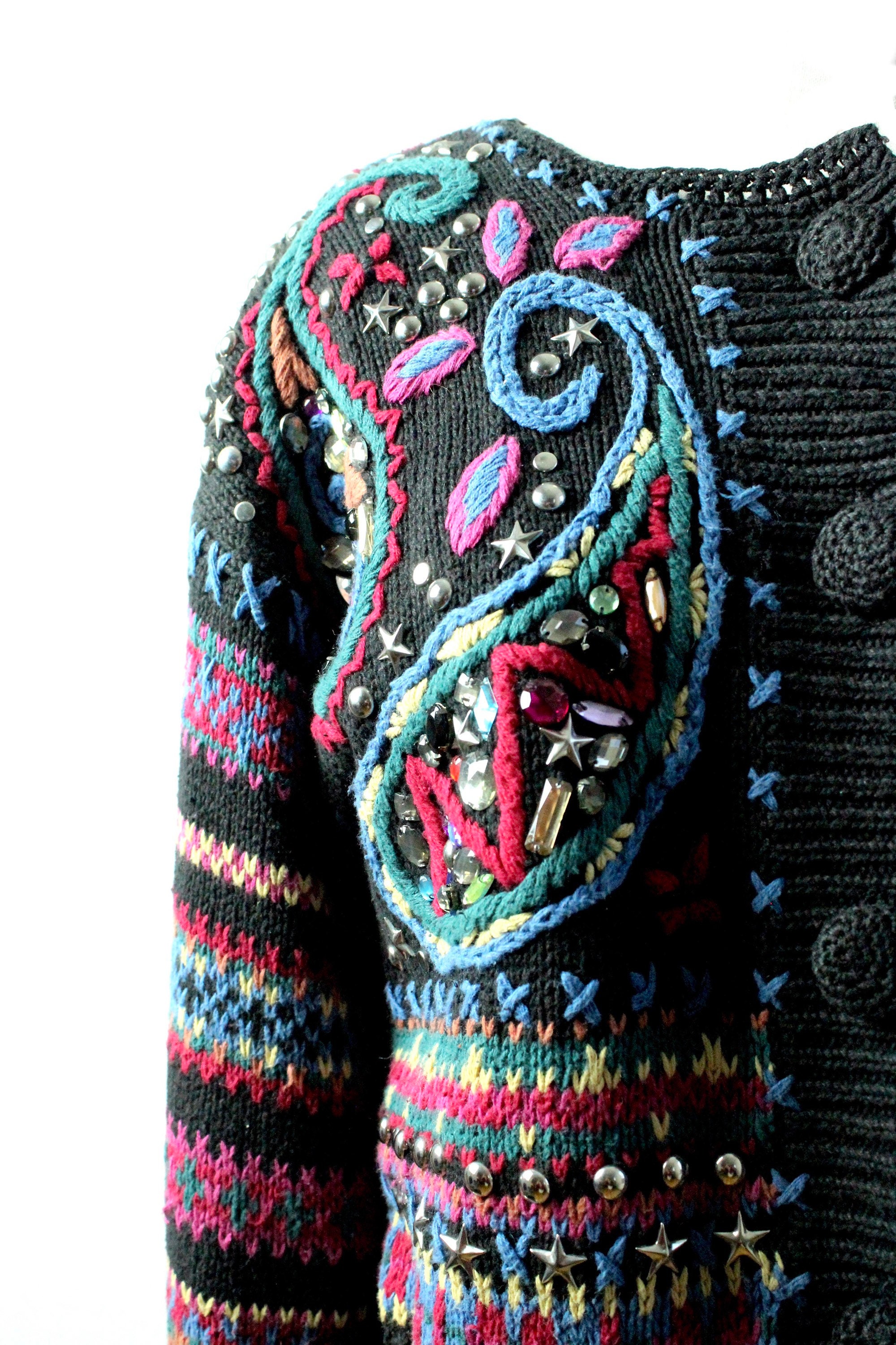 Vintage Pullover / Bunte Blumen Strickpullover / Bestickt ...