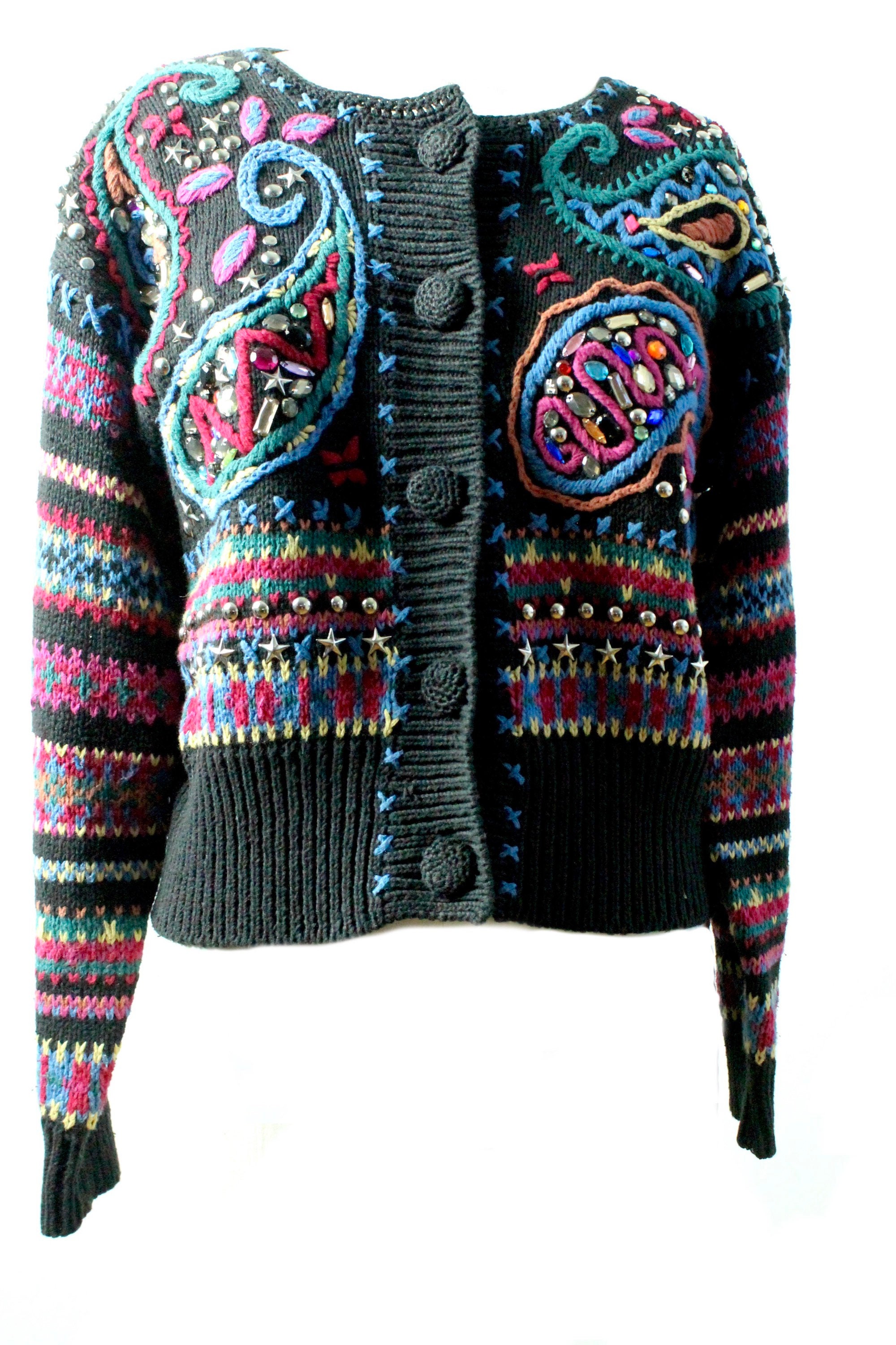 Vintage Pullover / Bunte Blumen Strickpullover / Bestickt ...