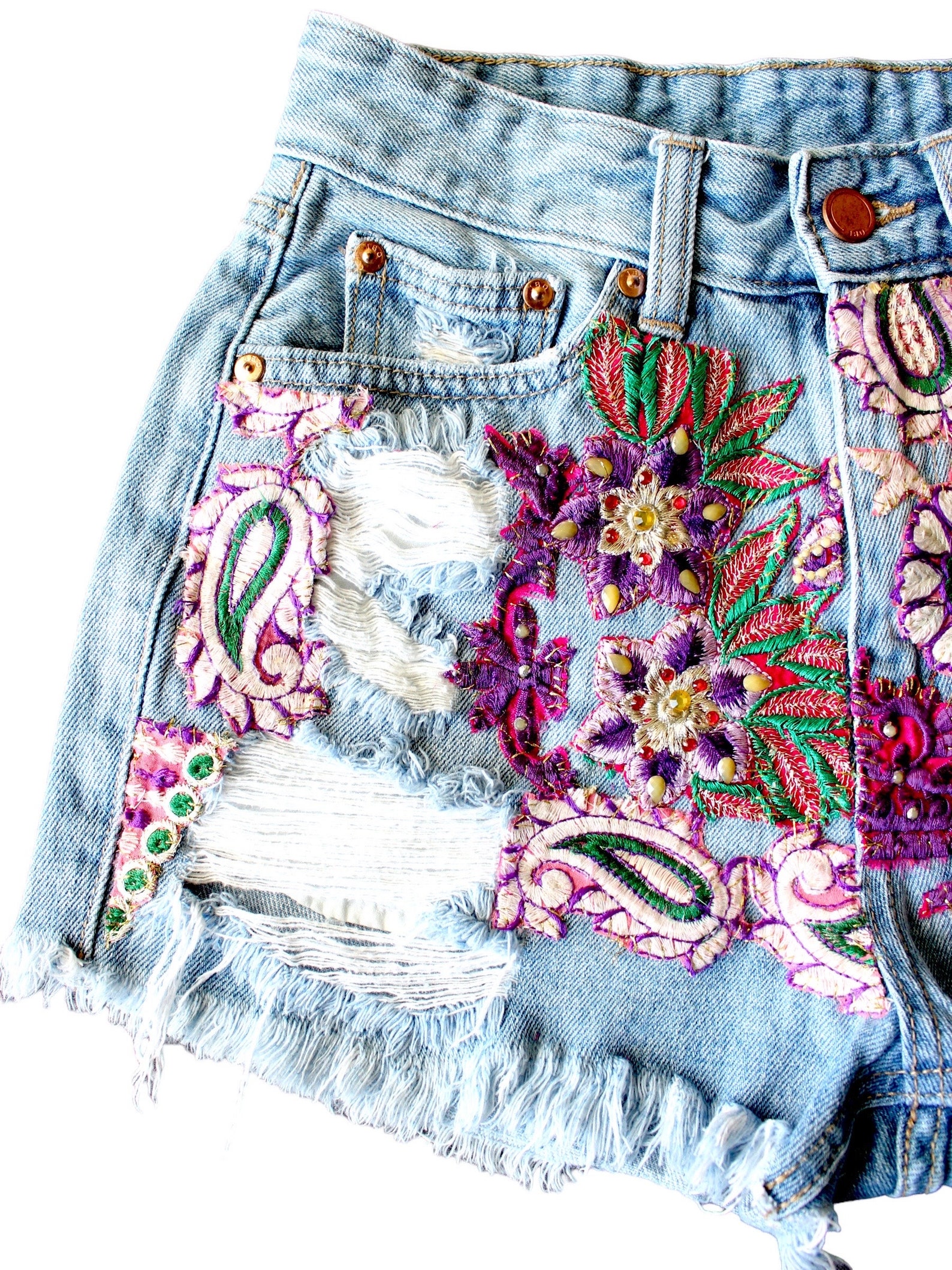 Denim Cutoff Shorts / Monet Garden Denim Shorts / Extra SMALL - Etsy