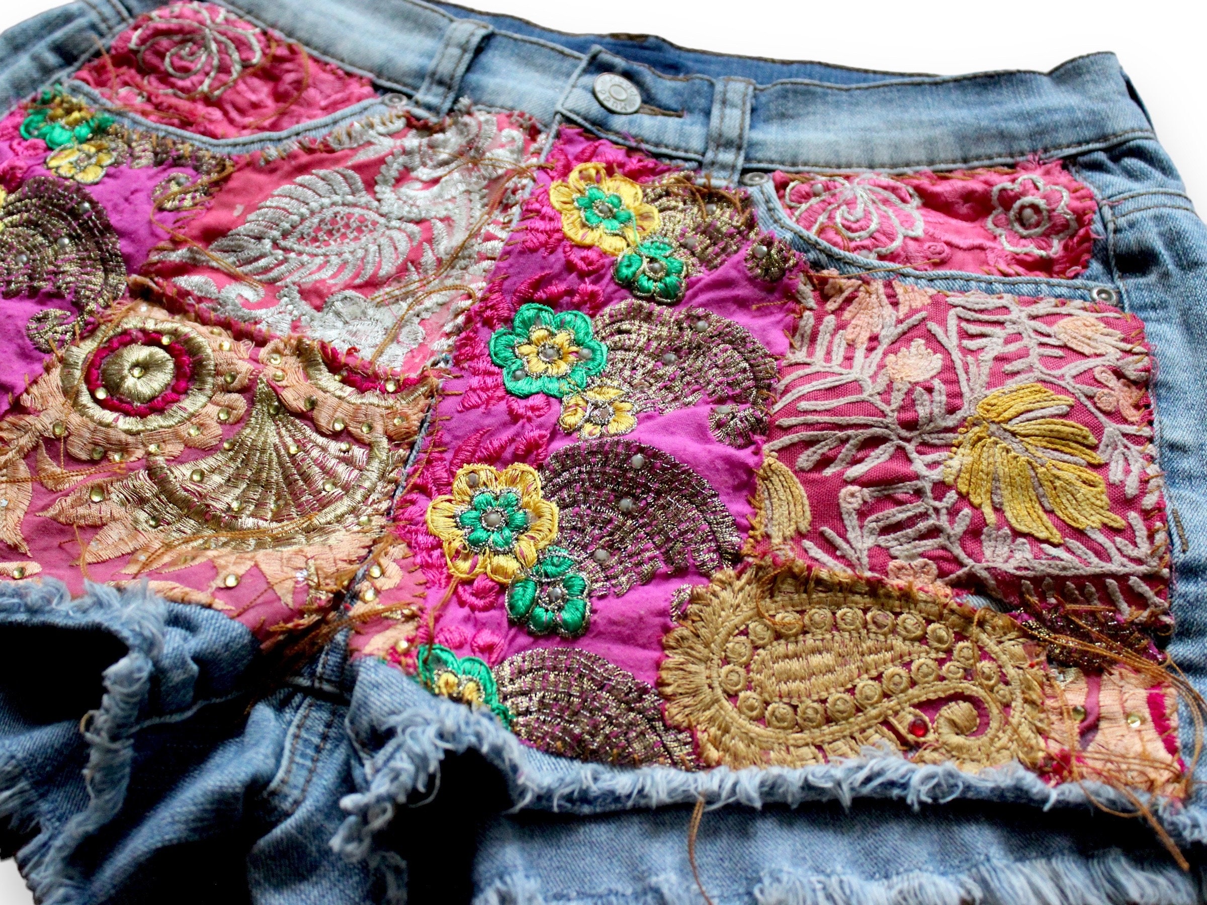 Reworked Stretched Denim Shorts / Embroidered Patched Jean Shorts ...