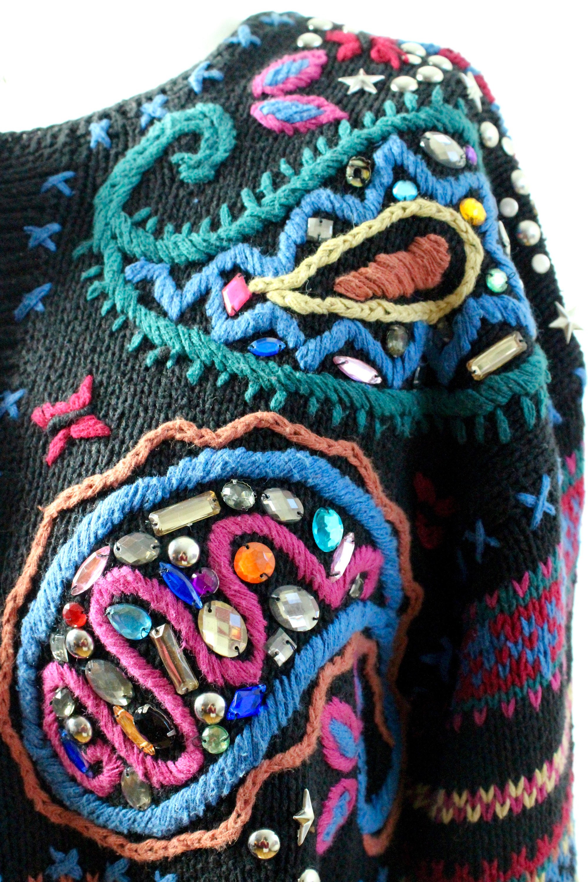 Vintage Pullover / Bunte Blumen Strickpullover / Bestickt ...