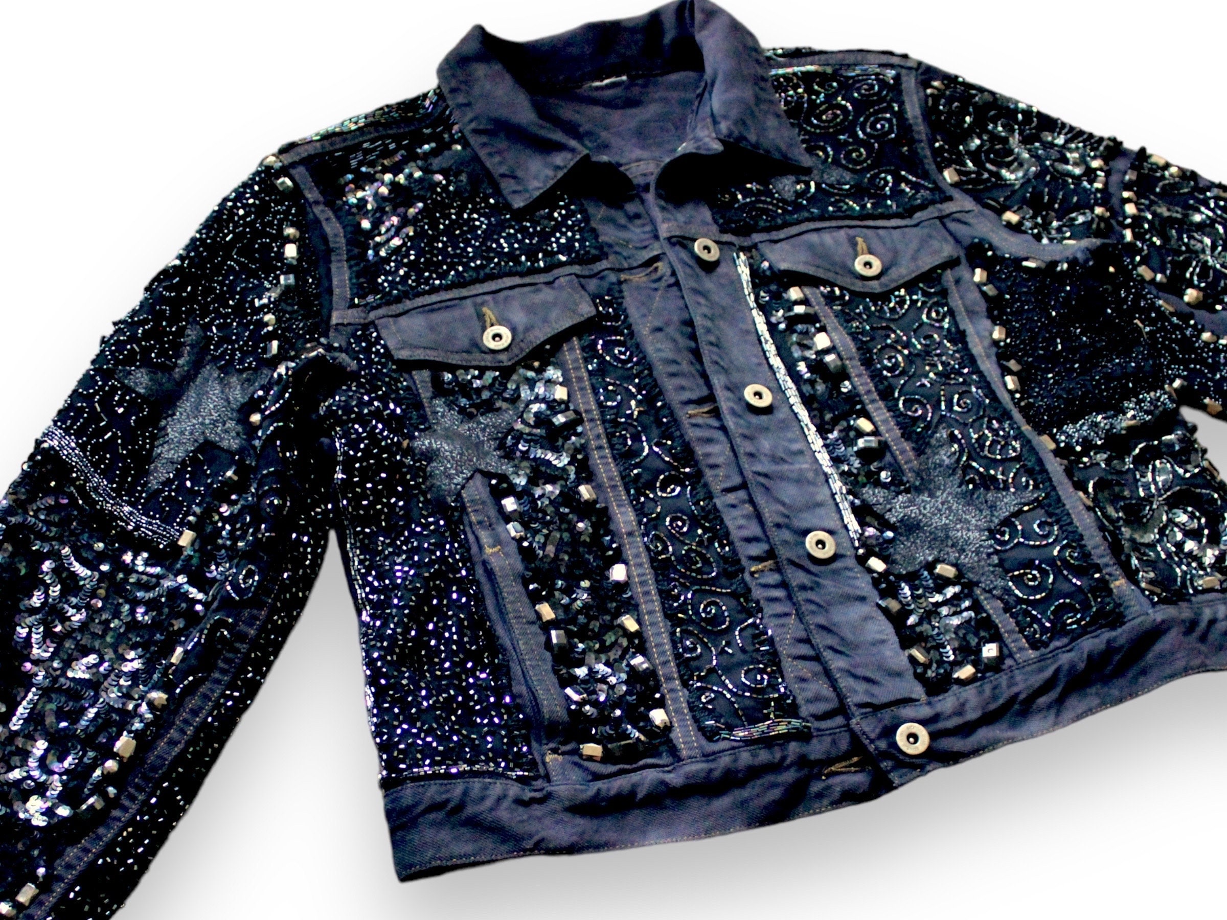 Reworked Denim Jacket / Upcycling Embroidered Jacket/ Black Jean Jacket ...