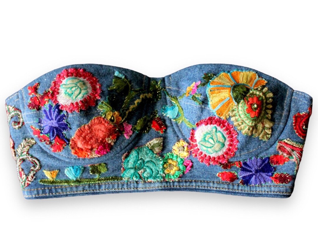 Handmade Denim Bra Top / Upcycled Jeans Vintage Embroidered Top / Large ...