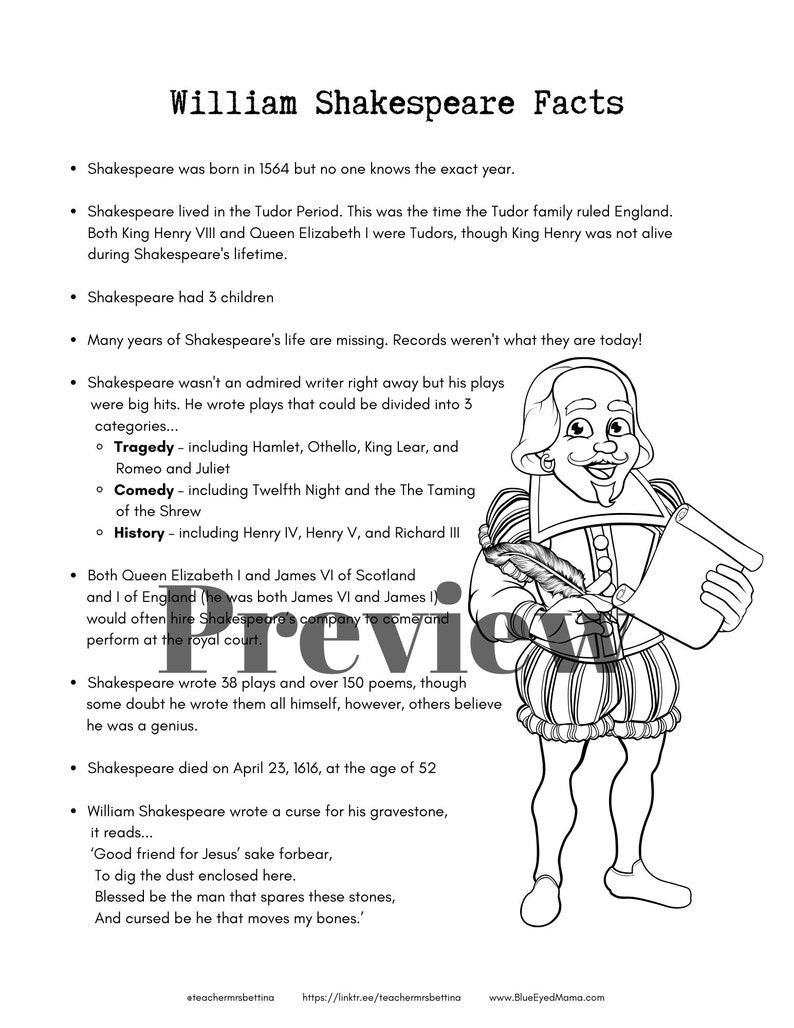 William Shakespeare Printables Homeschool and Classroom Curriculum - Etsy