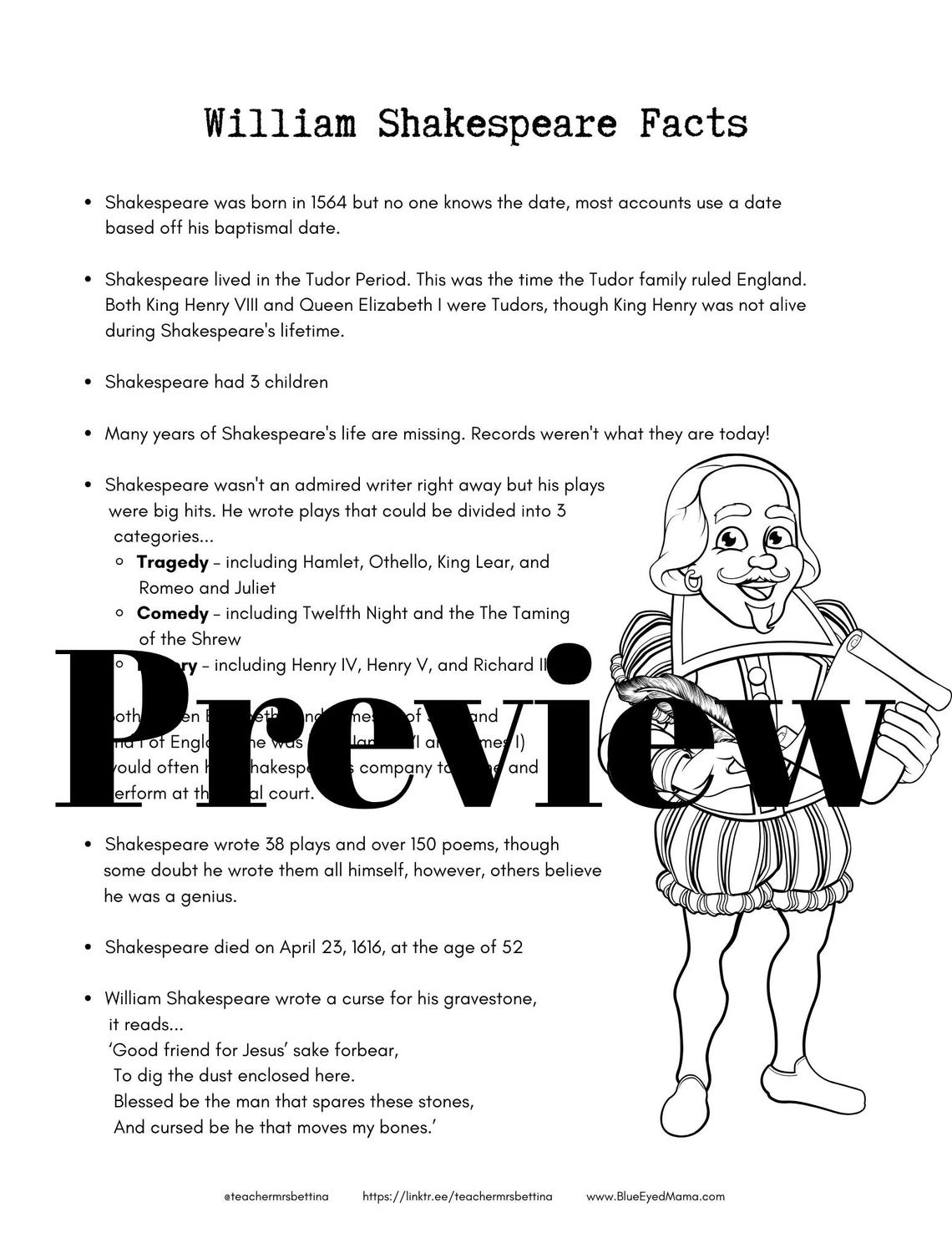 William Shakespeare Printable Lesson With Game, Recipe, and Activities ...
