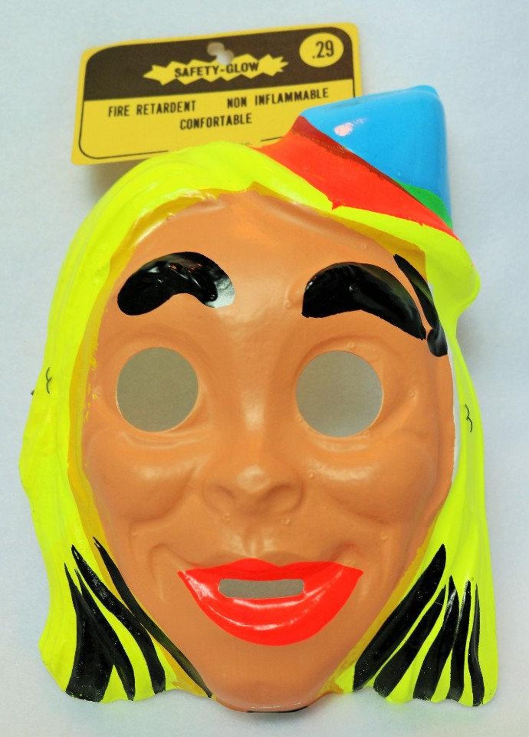 Vintage Blonde Witch Halloween Mask Medica 1967 Hat Safety Glow Day Glo ...