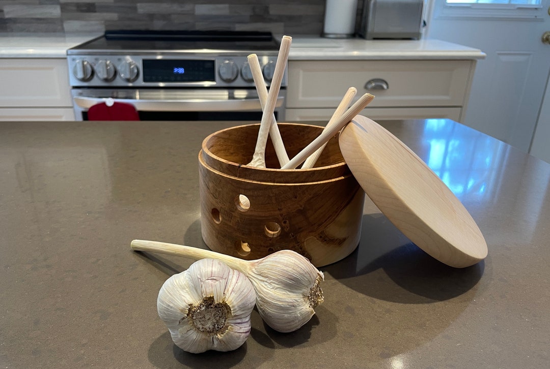 Maple Garlic Cellar - Large (6" Diam) Figured Maple Cover on Ambrosia ...