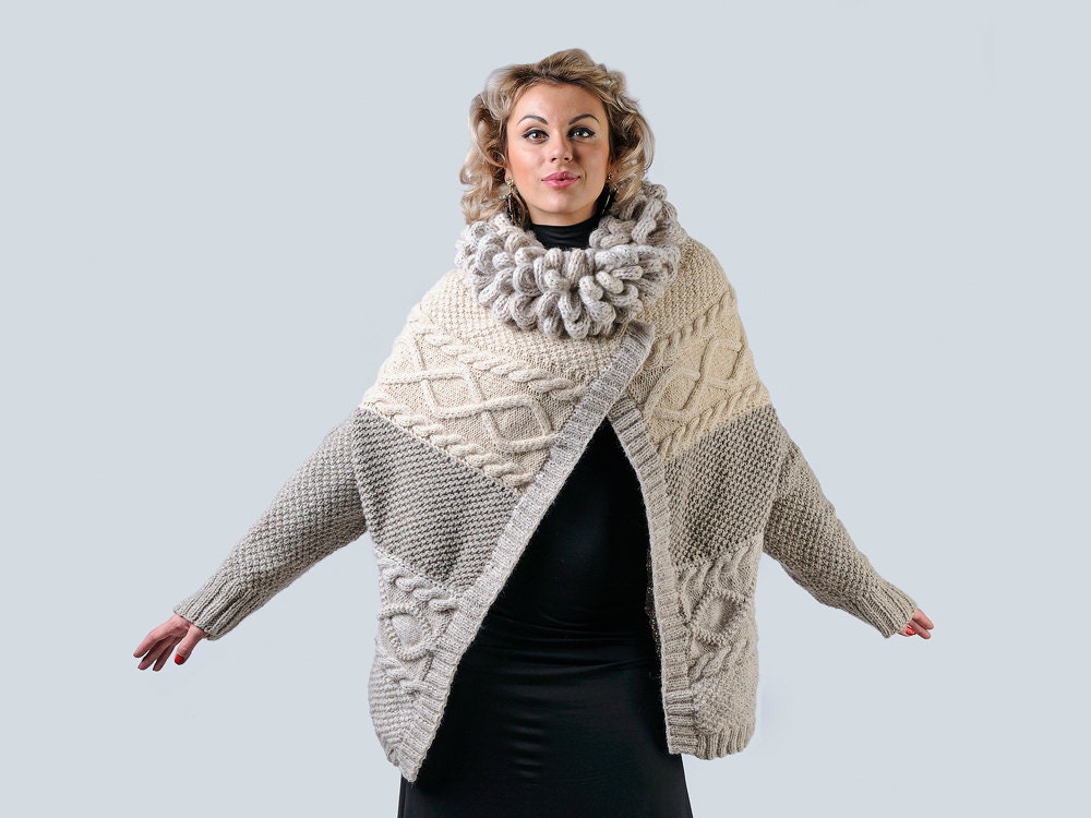 Handknit Beige Grey Jacket Coat Sweater Snood Scarf of Natural - Etsy