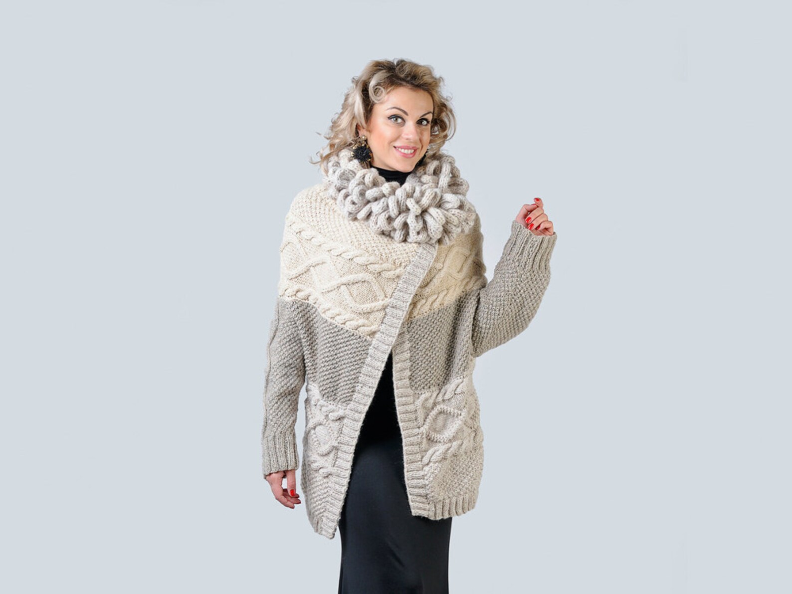 Handknit Beige Grey Jacket Coat Sweater Snood Scarf of Natural - Etsy