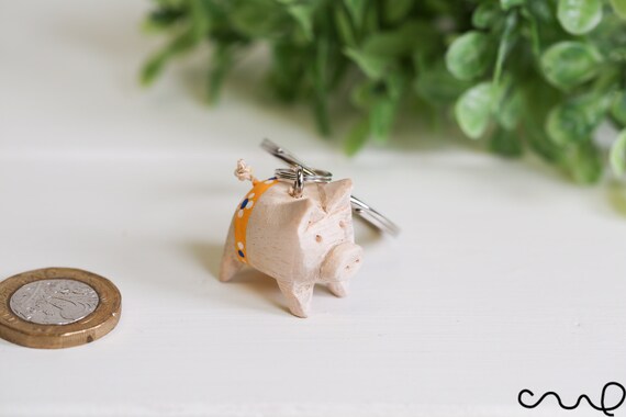 Handmade Little Wooden Pig Keyring in Yellow Shorts Key Fob Unique Gift ...