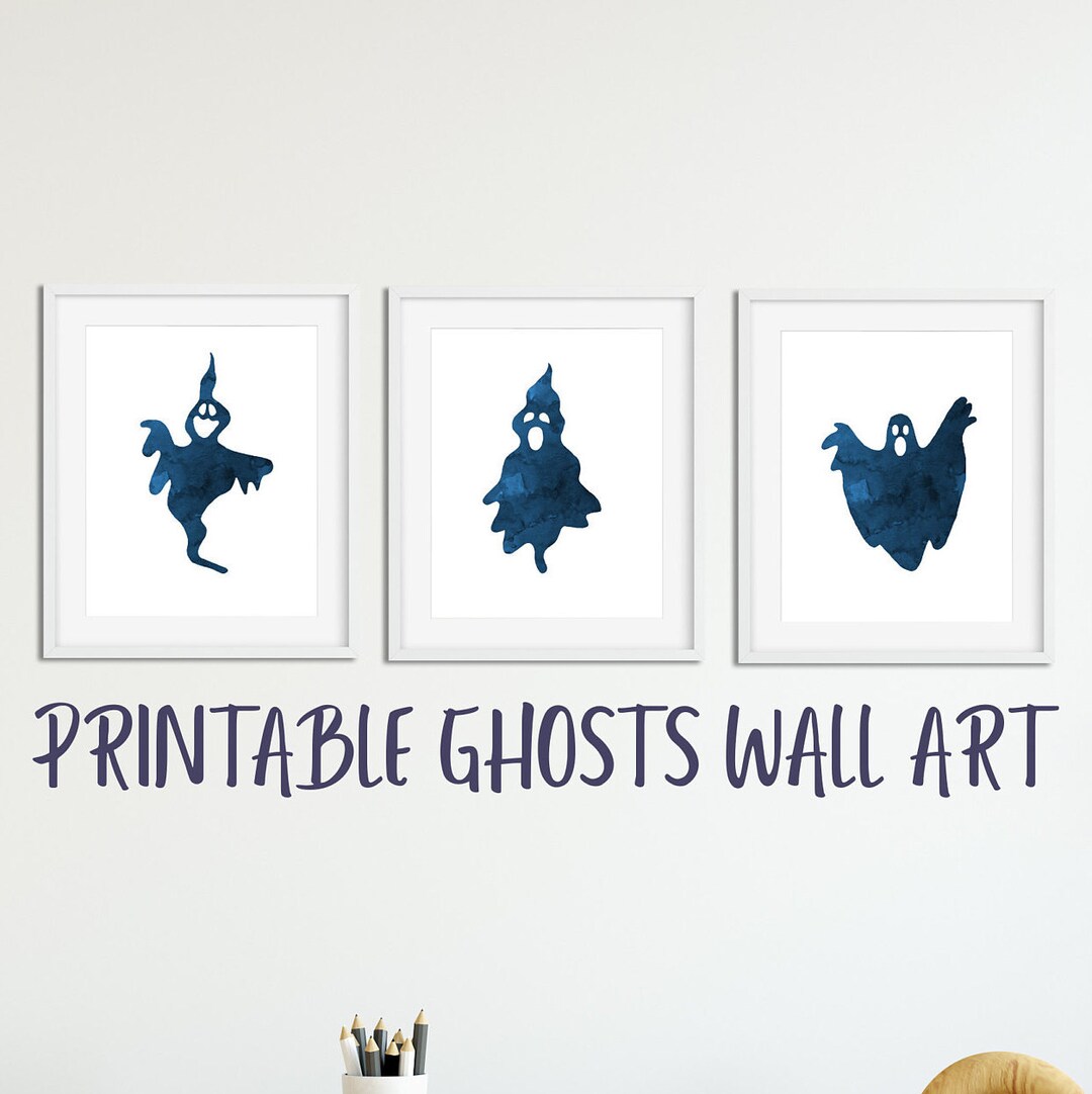 Printable Halloween Ghost Wall Art Set, Digital Download, Navy Blue ...