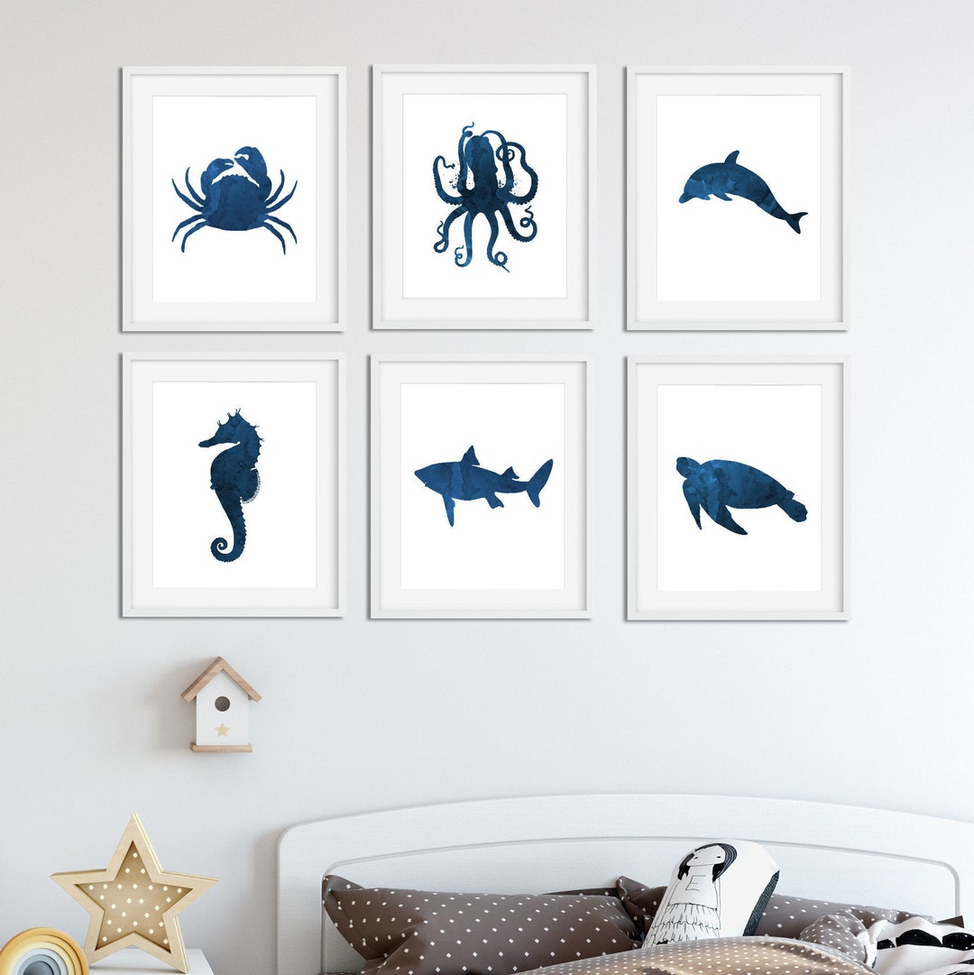 Printable Sea Animals Wall Art Set, Set of 6, Shark, Crab, Dolphin ...