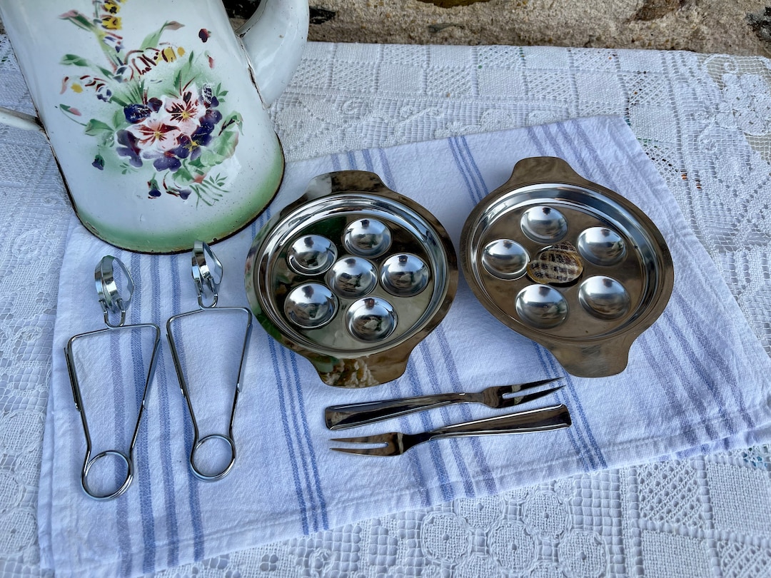 Pair of Lovely French Vintage Stainless Steel Escargot Dishes, Pincers ...