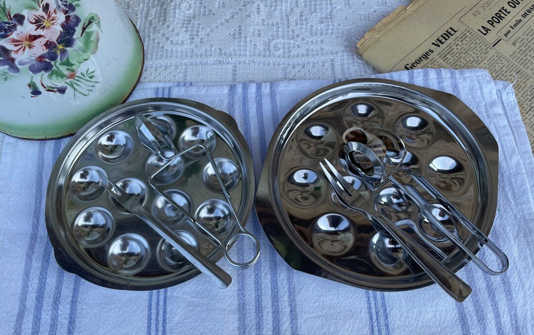 Vintage French Stainless Steel Escargot Dishes, Forks & Pincers - Etsy