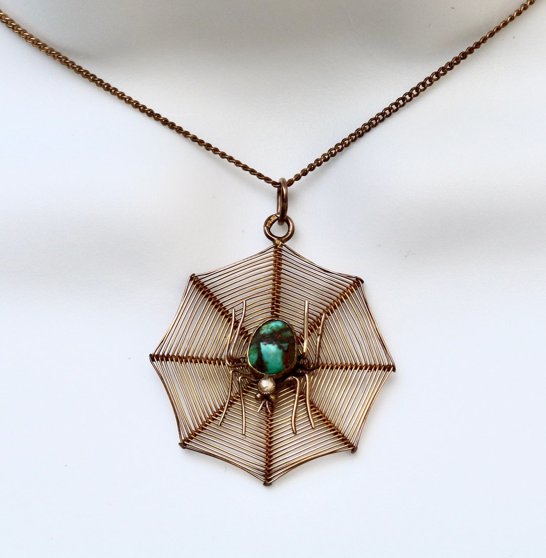 Antique Hand Fabricated 9K Yellow Gold Spider Web Pendant Necklace With ...