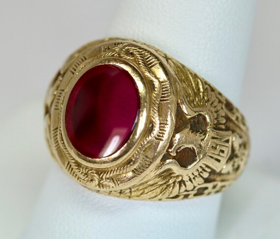 Vintage Mens Mans USN Ring 10K Yellow Gold Ruby Unite… - Gem