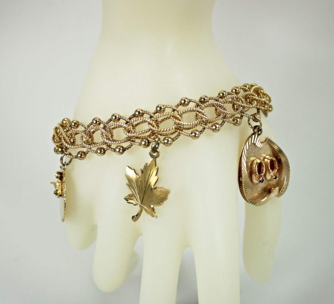 Vintage 14K Yellow Gold Charm Bracelet With 5 Charms 71/8 Open Length ...