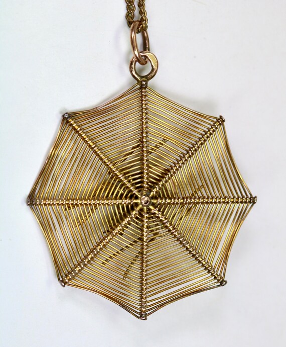 Antique Hand Fabricated 9K Yellow Gold Spider Web Pen… - Gem