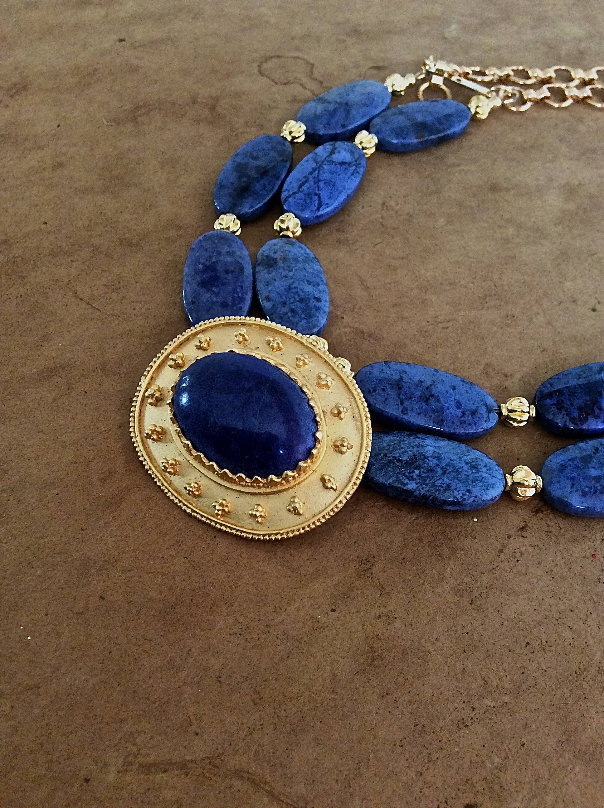 Bead Chain Necklace With Denim Blue Large Stones in a Double Strand ...