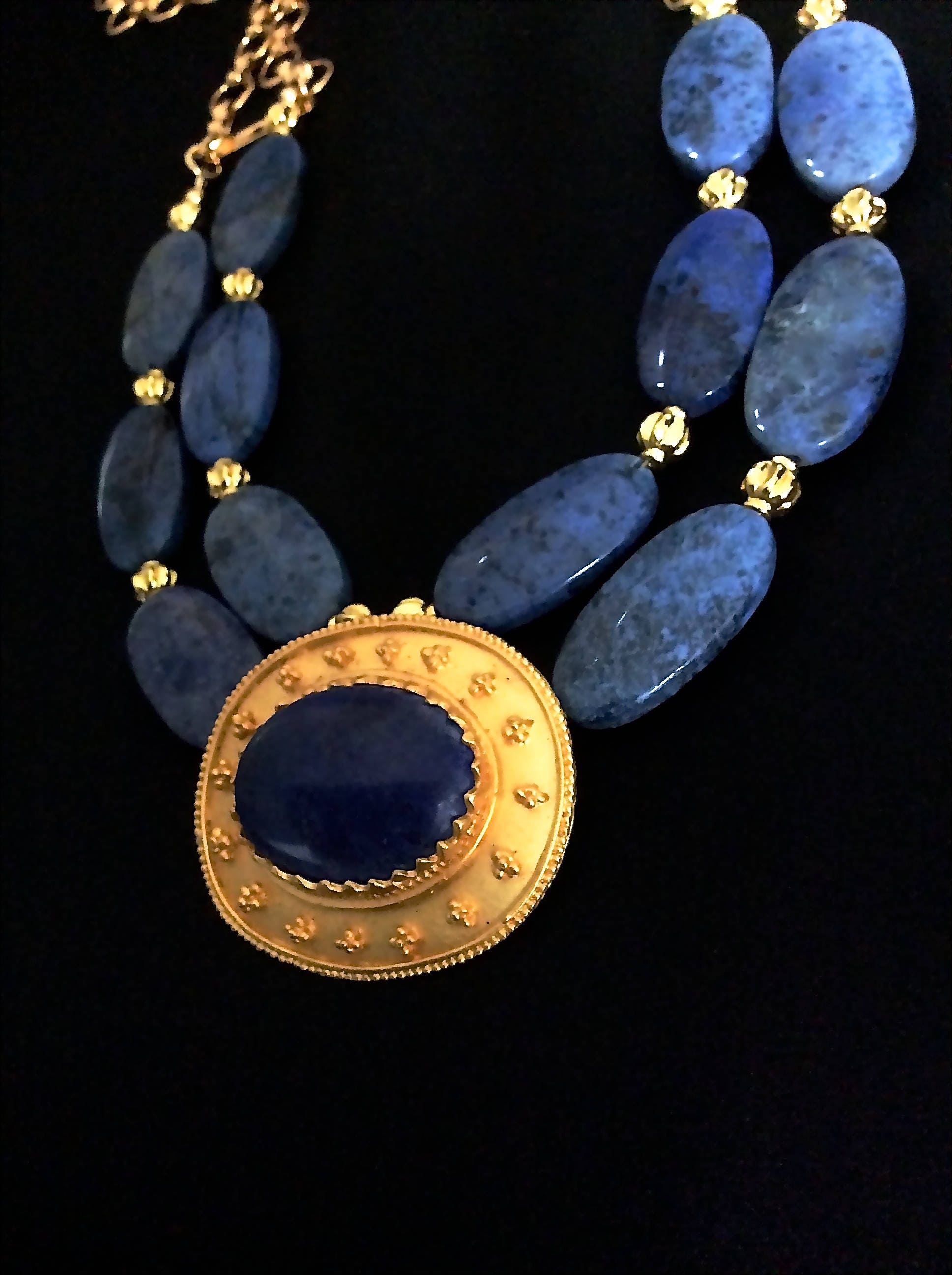 Bead Chain Necklace With Denim Blue Large Stones in a Double Strand ...