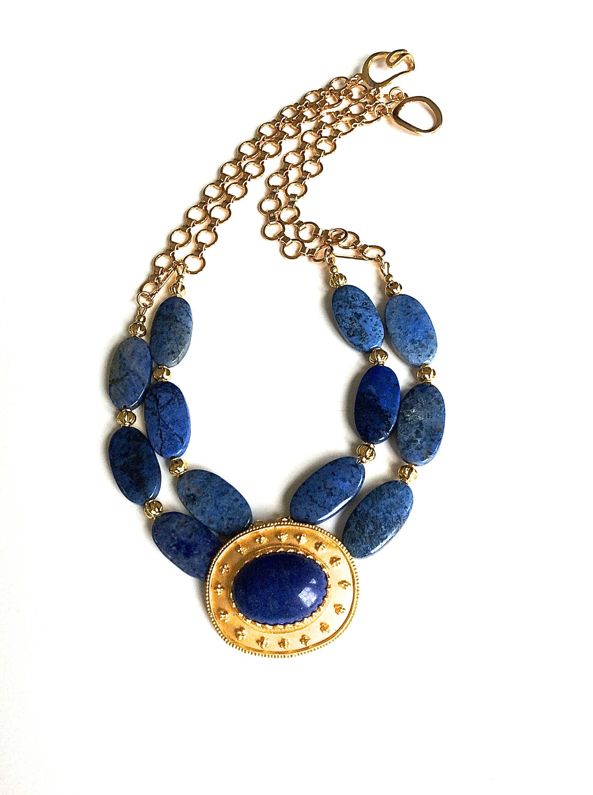 Bead Chain Necklace With Denim Blue Large Stones in a Double Strand ...
