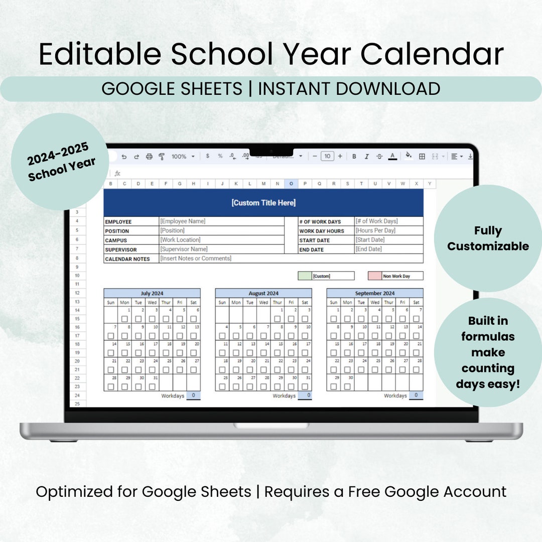 School Year Work Calendar Editable Google Sheets Instant Download - Etsy
