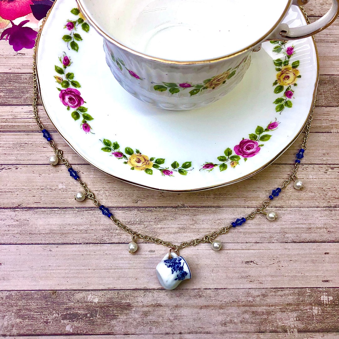 Teacup Necklace, Blue and White Milk Saucer Necklace With Pearls and ...