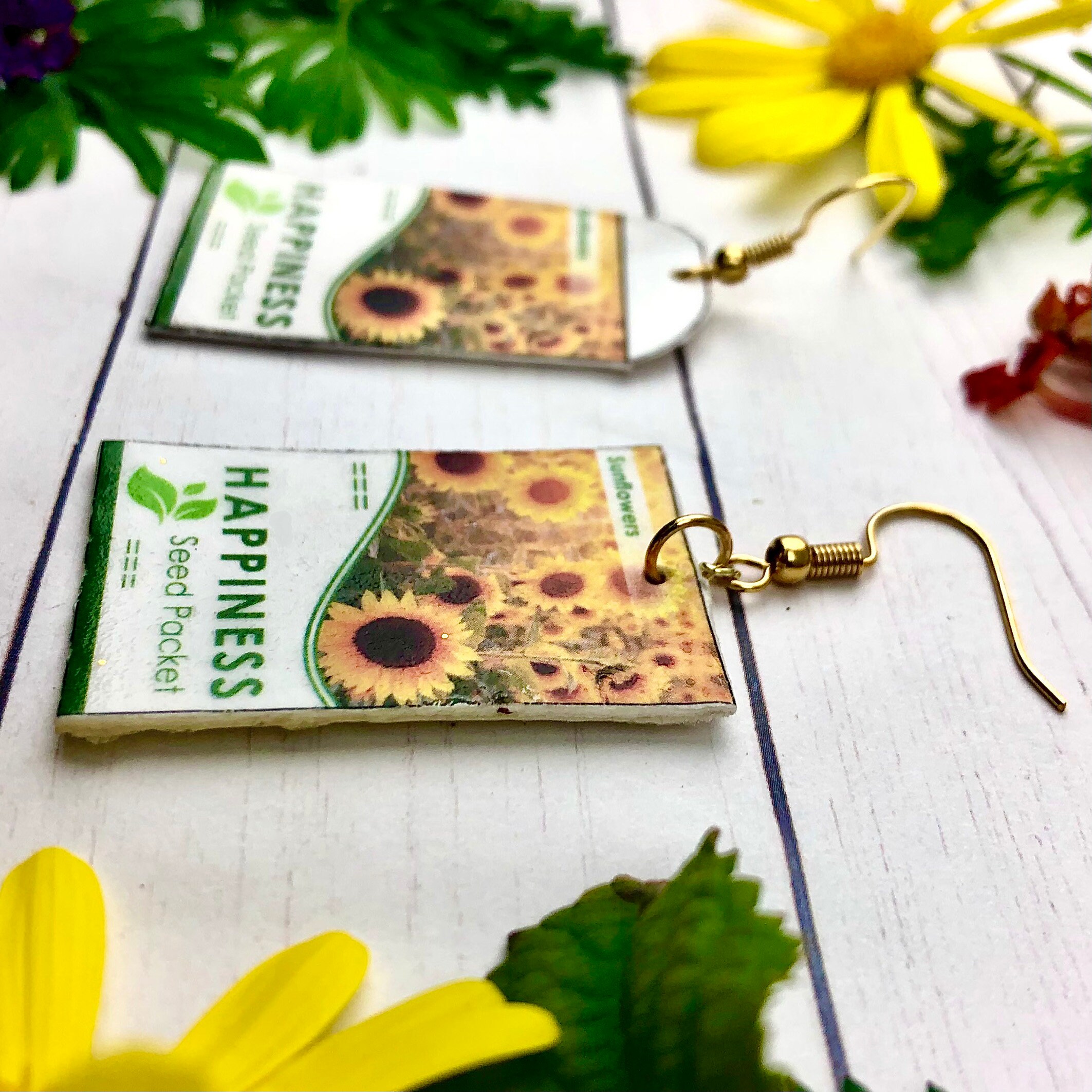 Happiness Seed Packet Earrings, Sunflower Earrings, Happy Earrings ...