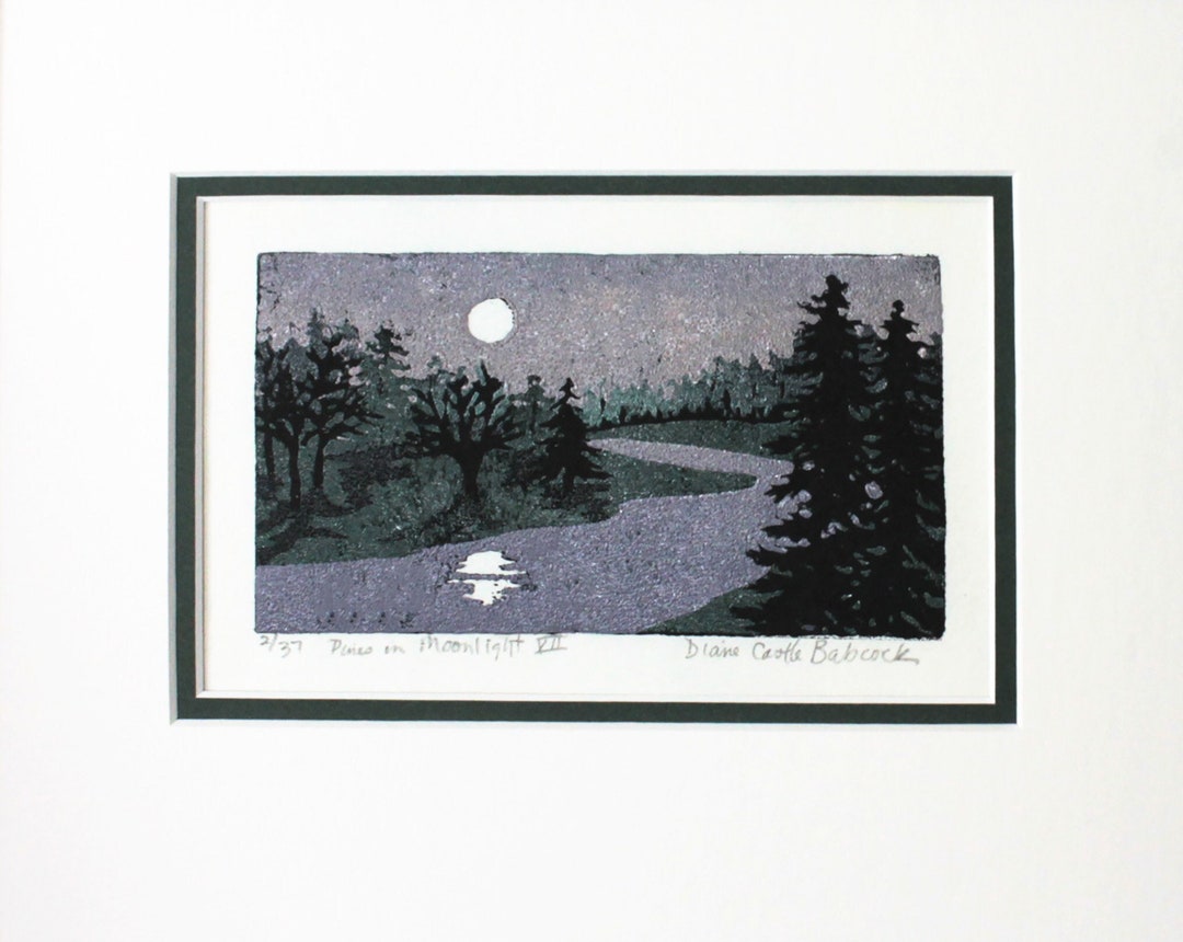 Full Moon With Reflection and Pines Handmade Linoleum Block Print ...