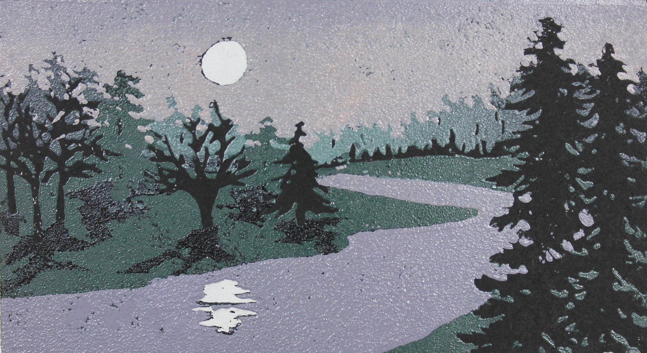 Full Moon With Reflection and Pines Handmade Linoleum Block Print ...