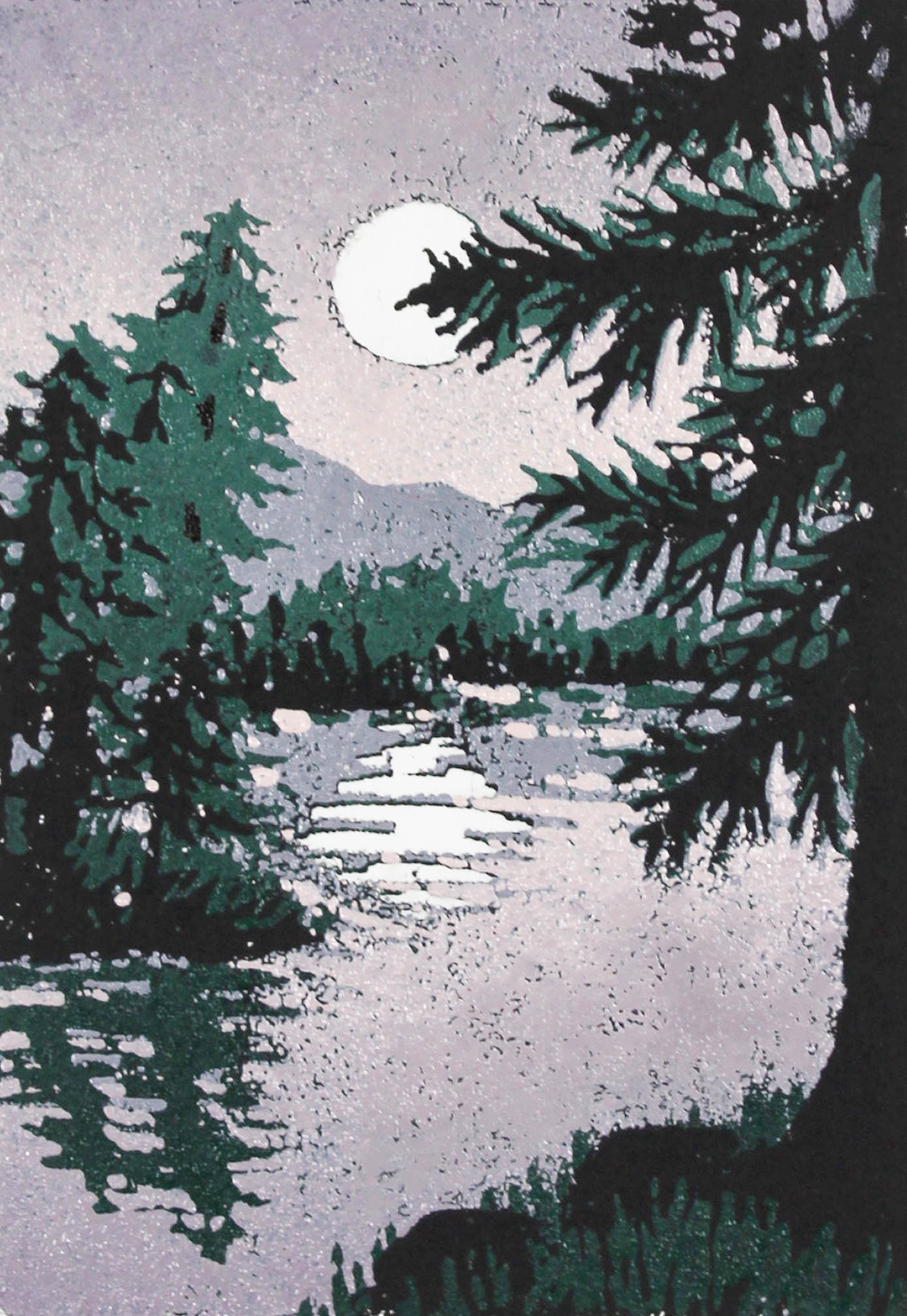 Full Moon on Lake With Reflection Original Linoleum Block Print Matted ...