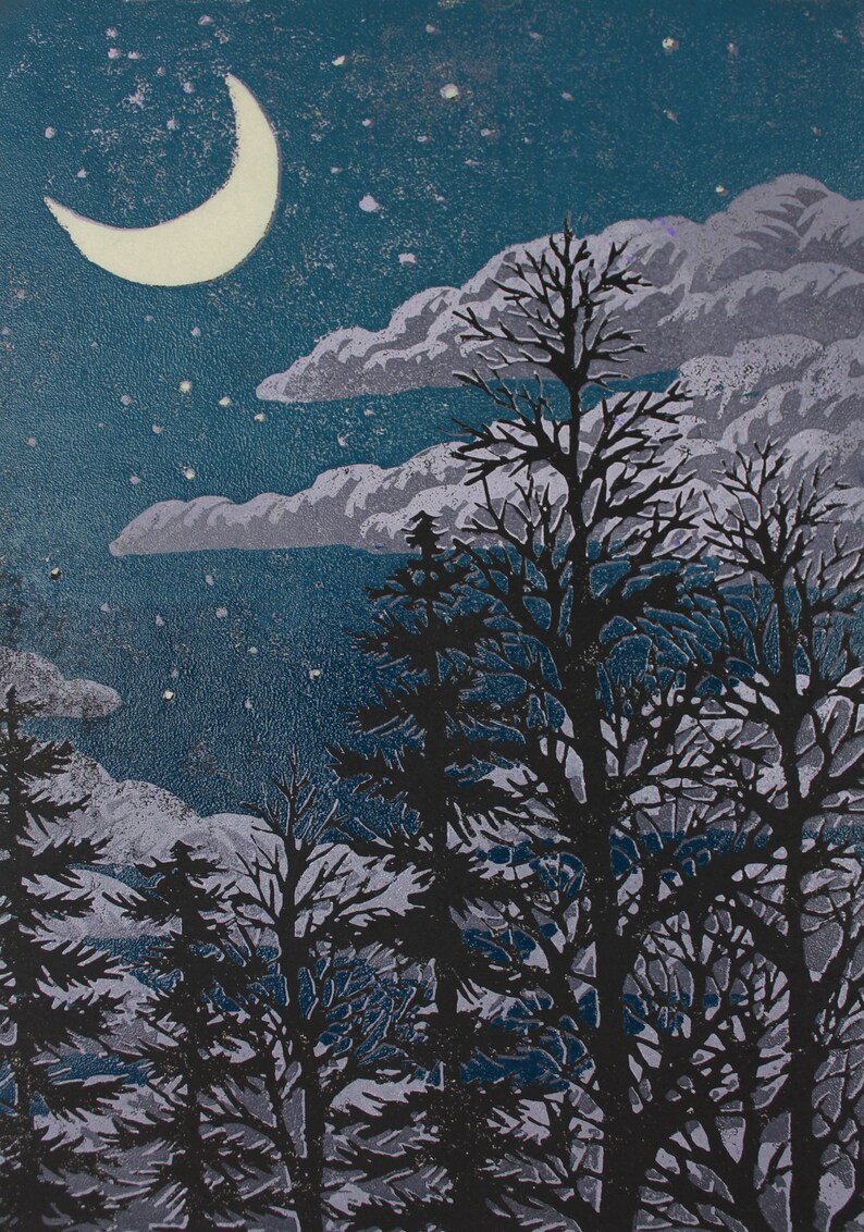 Crescent Moon III 16 X 20 Matted Linoleum Block Print - Etsy