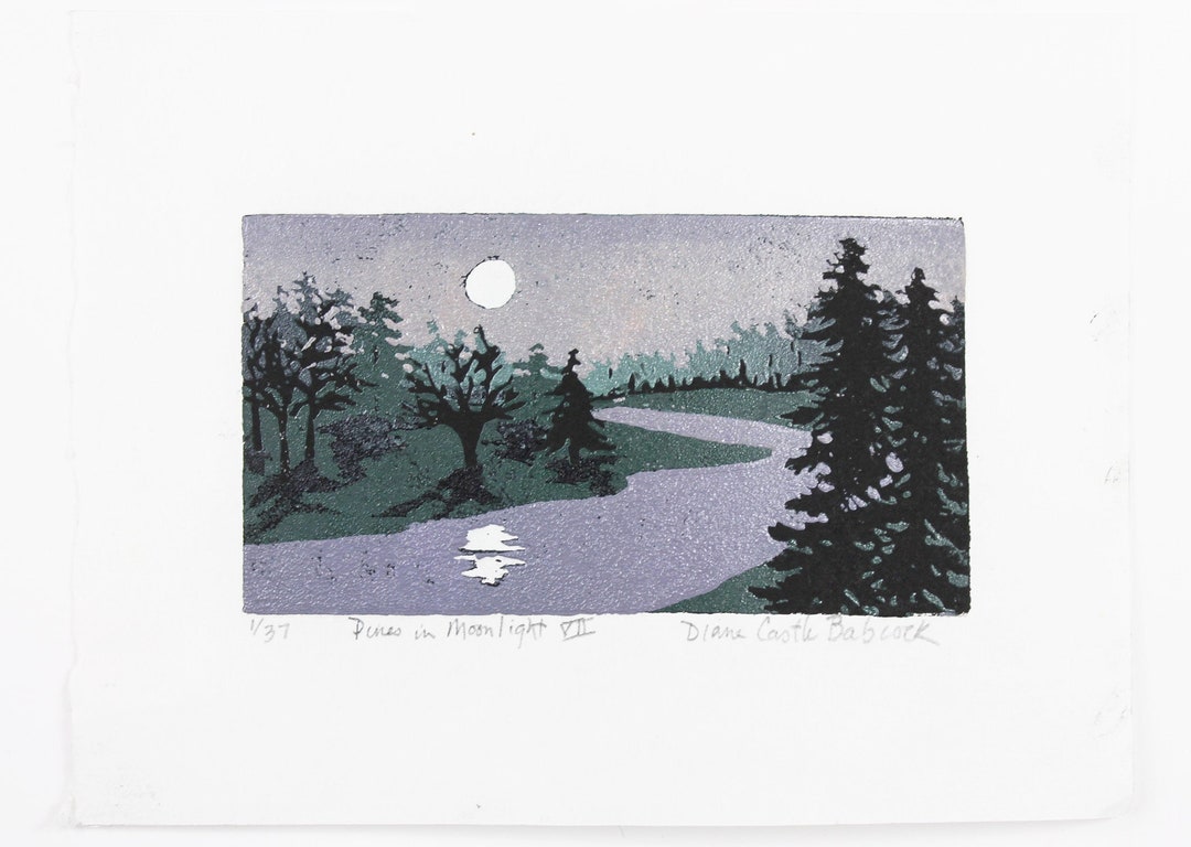 Full Moon With Reflection and Pines Unmatted Handmade Linoleum Block ...