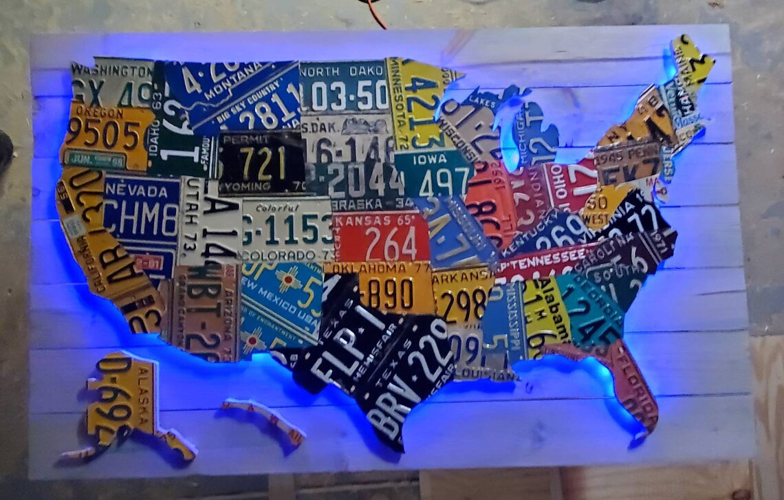 Large LED Lighted 3-D USA License Plate Map Art!!! - Metal Wall Art ...