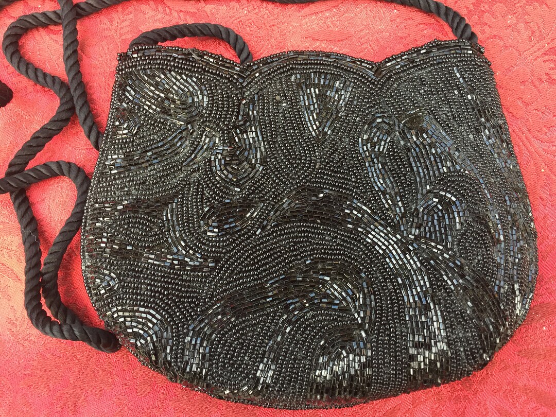 SEAD & BUGLE BEAD Black Evening Bag Solid Czech Black Beads in a Swirly ...